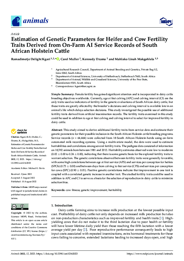 Pdf Estimation Of Genetic Parameters For Heifer And Cow Fertility