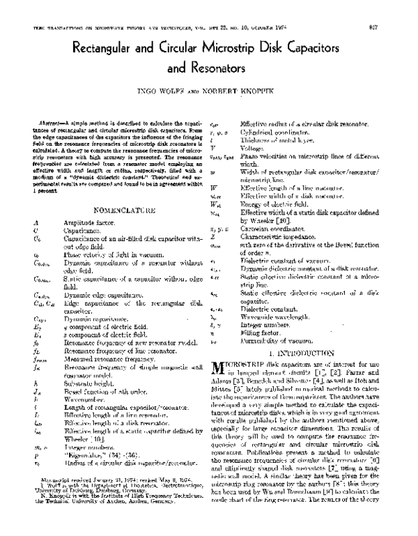 (PDF) Rectangular and Circular Microstrip Disk Capacitors and Resonators