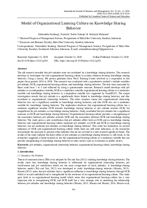 (PDF) Model of Organizational Learning Culture on Knowledge Sharing Behavior