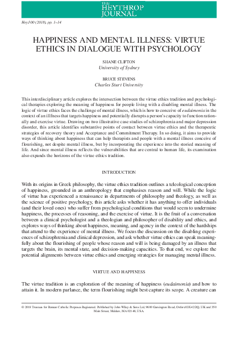 (PDF) Happiness and Mental Illness: Virtue ethics in Dialogue with ...