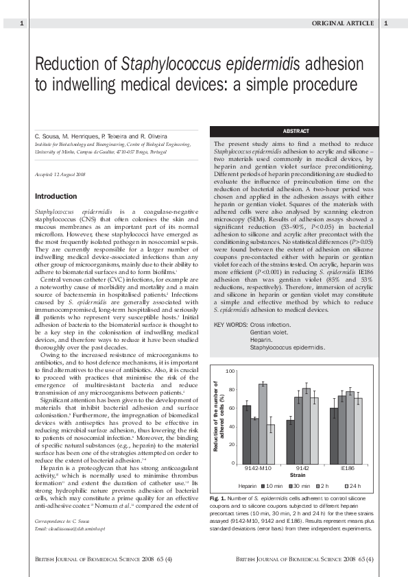 (PDF) Reduction of Staphylococcus epidermidis adhesion to indwelling ...