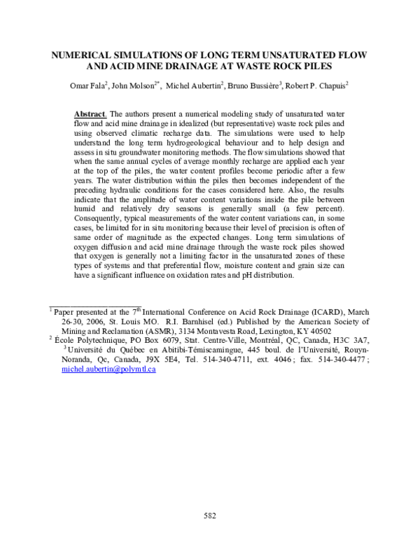 (PDF) Numerical Simulations of Long Term Unsaturated Flow and Acid Mine ...