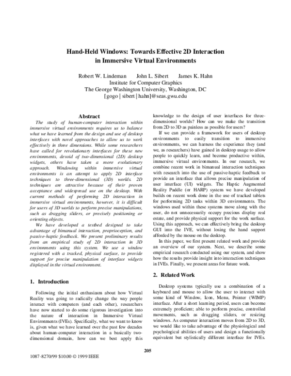 (PDF) Hand-held windows: towards effective 2D interaction in immersive virtual environments