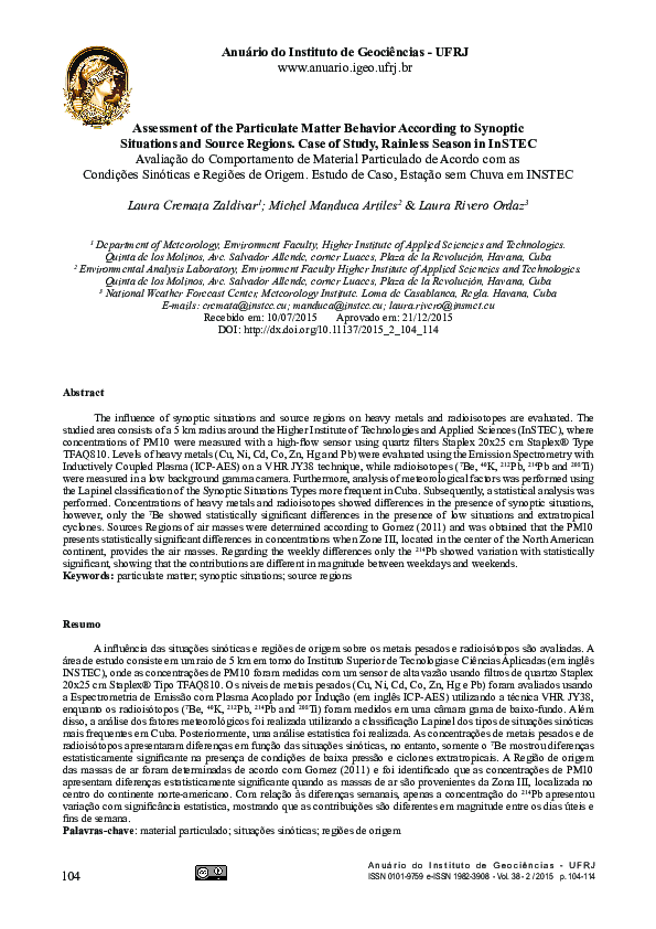 (PDF) Assessment of the Particulate Matter Behavior According to Synoptic Assessment of the ...