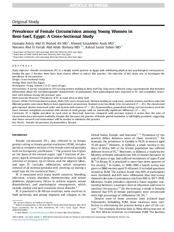 (PDF) Prevalence of Female Circumcision among Young Women in Beni-Suef ...