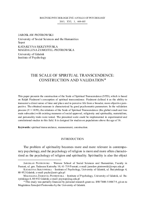 (PDF) The Scale of Spiritual Transcendence: Construction and validation