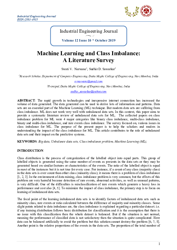 Pdf Machine Learning And Class Imbalance A Literature Survey