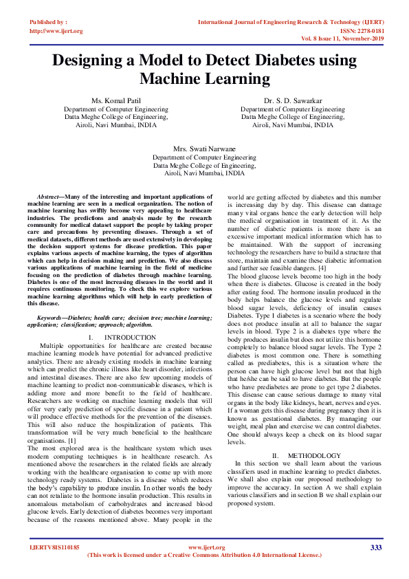 (PDF) Designing a Model to Detect Diabetes using Machine Learning