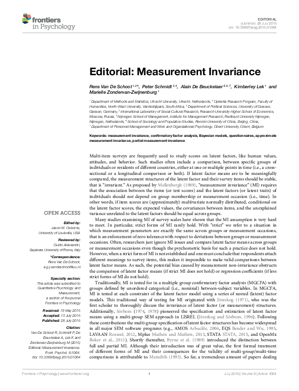 (PDF) Editorial: Measurement Invariance