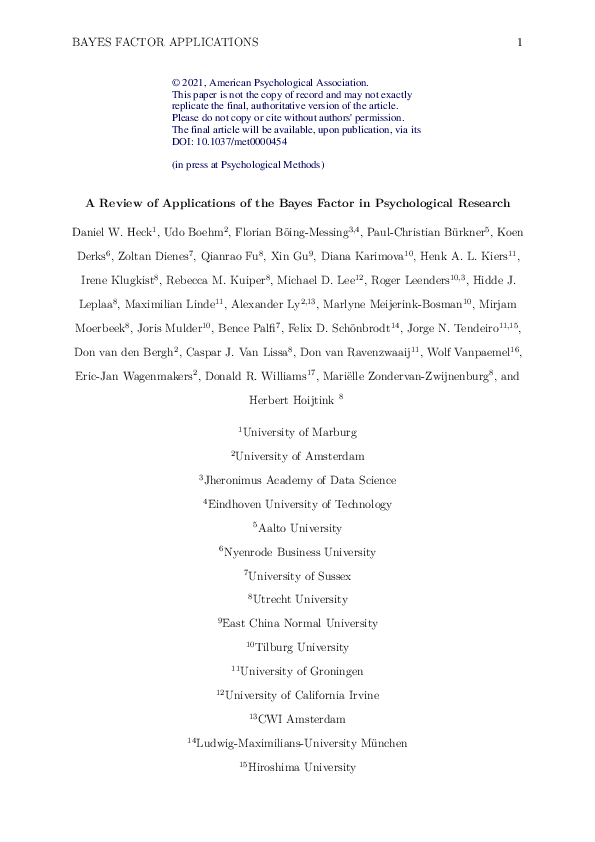 Pdf A Review Of Applications Of The Bayes Factor In Psychological Research