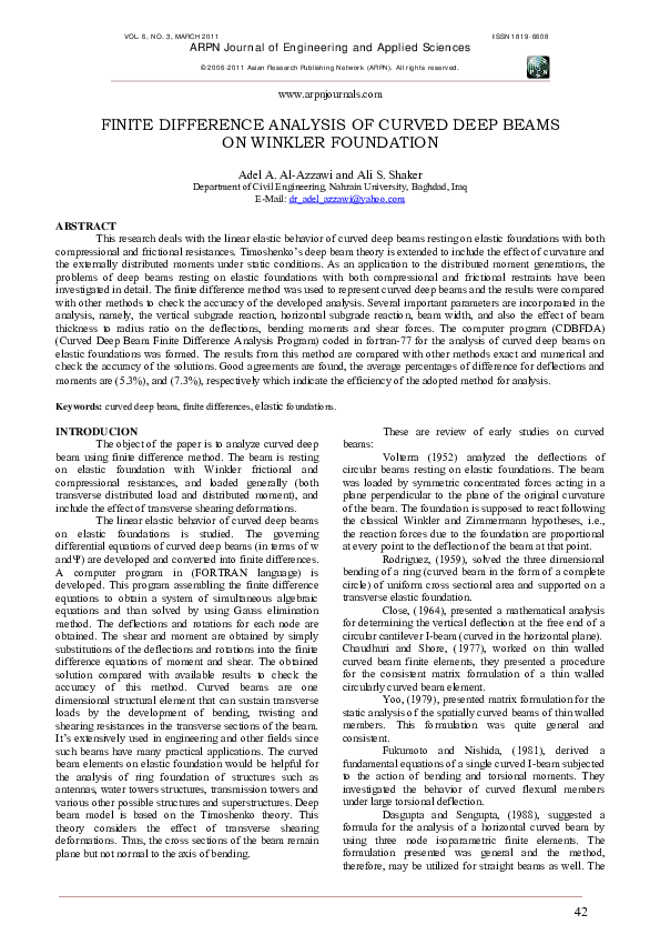 Pdf Finite Difference Analysis Of Curved Deep Beams On Winkler Foundation