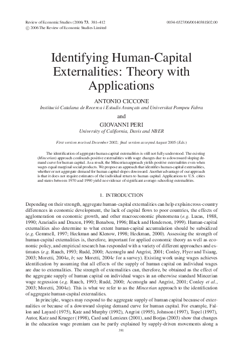 (PDF) Identifying Human-Capital Externalities: Theory with Applications