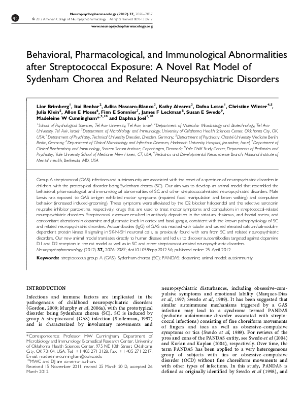 (PDF) Behavioral, Pharmacological, and Immunological Abnormalities after Streptococcal Exposure ...