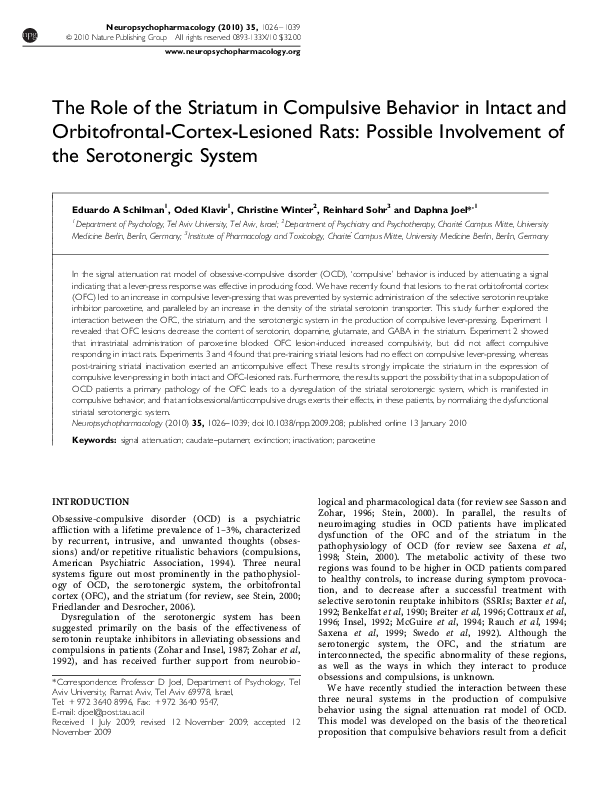 Pdf The Role Of The Striatum In Compulsive Behavior In Intact And