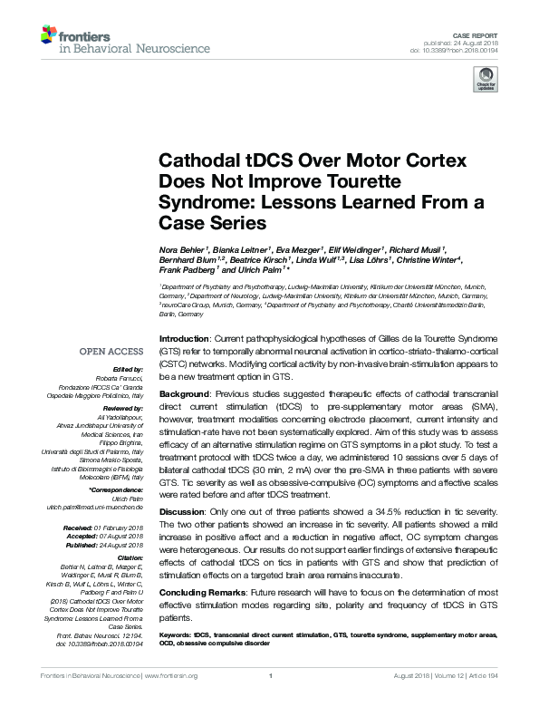 (PDF) Cathodal tDCS Over Motor Cortex Does Not Improve Tourette Syndrome: Lessons Learned From a ...