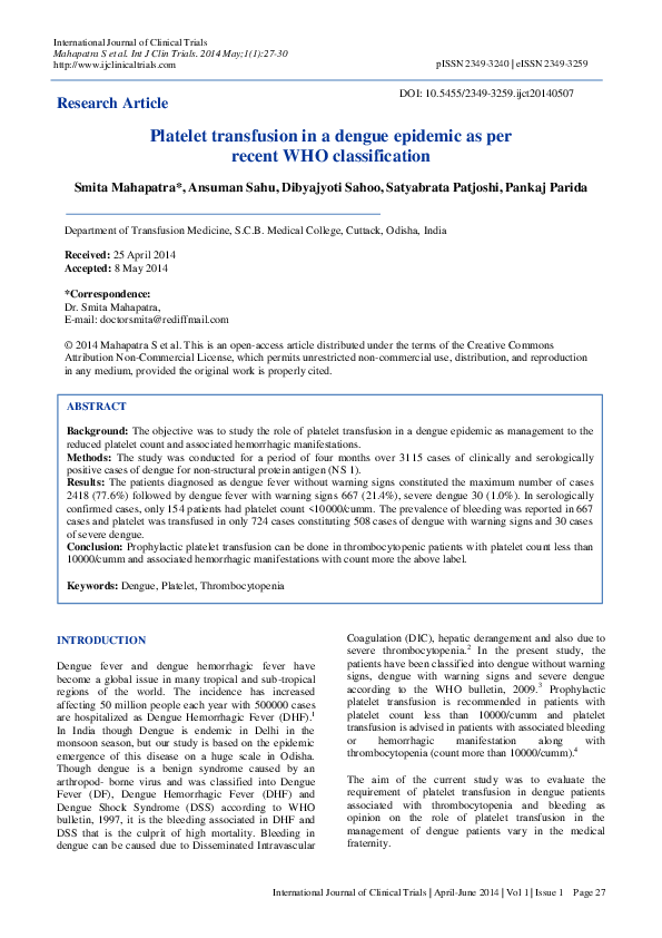 (PDF) Platelet transfusion in a dengue epidemic as per recent WHO ...