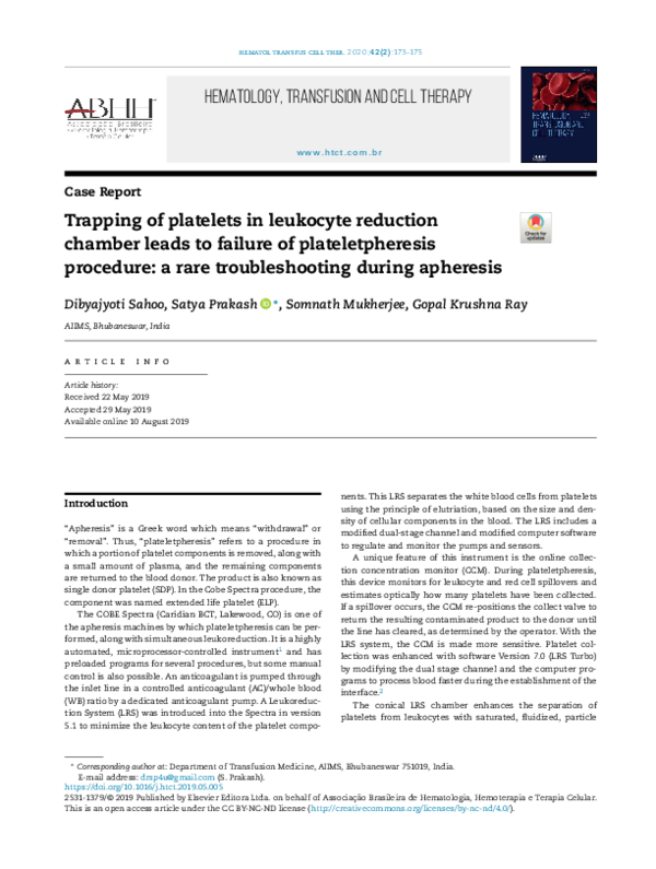 (PDF) Trapping of platelets in leukocyte reduction chamber leads to ...