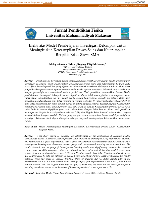 (PDF) Efektifitas Model Pembelajaran Investigasi Kelompok Untuk Meningkatkan Keterampilan Proses ...