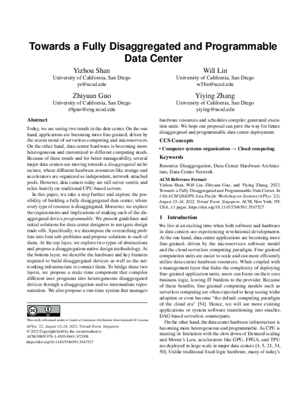 (PDF) Towards a fully disaggregated and programmable data center
