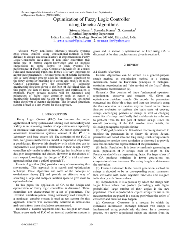 Pdf Optimization Of Fuzzy Logic Controller Using Genetic Algorithms 