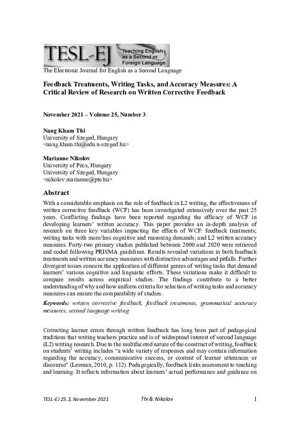 (PDF) Feedback Treatments, Writing Tasks, and Accuracy Measures: A ...