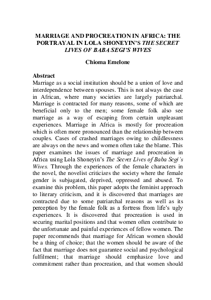(PDF) Marriage and Procreation in Africa: The Portrayal in Lola ...