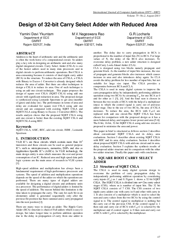 (PDF) Design of 32-bit Carry Select Adder with Reduced Area