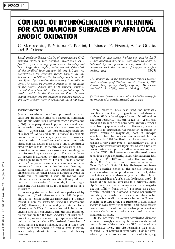 (PDF) Control of Hydrogenation Patterning for CVD Diamond Substrates by ...