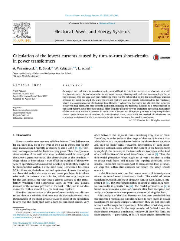 (PDF) Calculation of the lowest currents caused by turn-to-turn short-circuits in power transformers