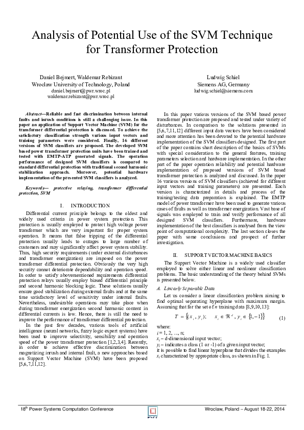 (PDF) Analysis of potential use of the SVM technique for transformer protection