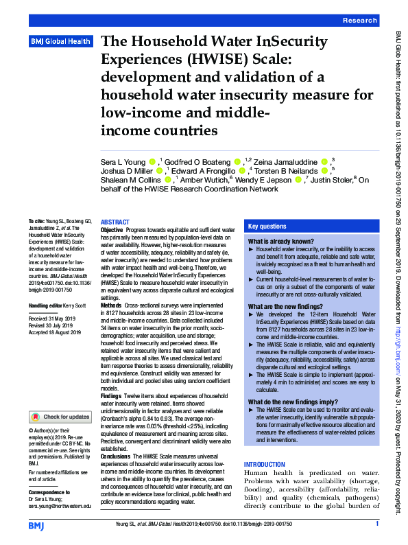 (PDF) The Household Water InSecurity Experiences (HWISE) Scale ...