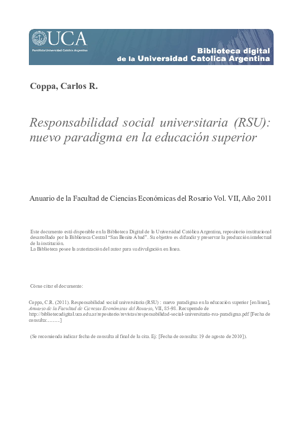 (PDF) Responsabilidad social universitaria (RSU): nuevo paradigma en la educación superior