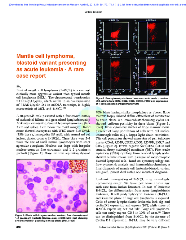 (PDF) Mantle cell lymphoma, blastoid variant presenting as acute ...