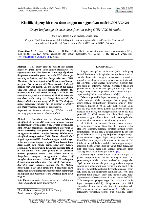 (PDF) Grape leaf image disease classification using CNN-VGG16 model