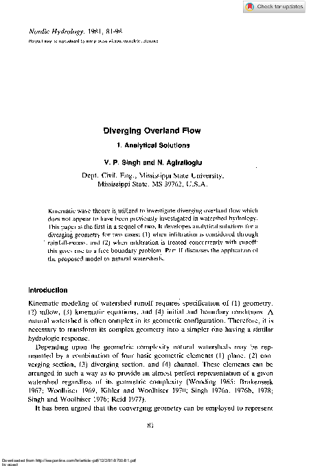 (PDF) Diverging Overland Flow | Necati Agiralioglu - Academia.edu