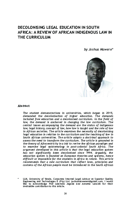 (PDF) Decolonising Legal Education in South Africa: A Review of African ...