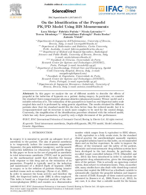(PDF) On the Identification of the Propofol PK/PD Model Using BIS ...