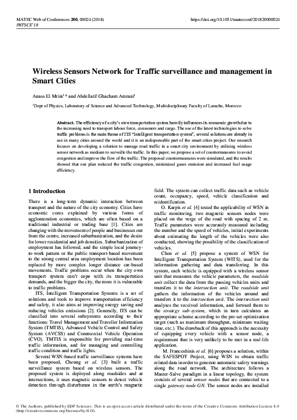 (PDF) Wireless Sensors Network for Traffic surveillance and management in Smart Cities