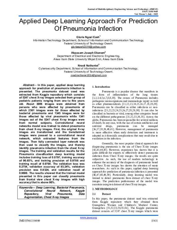 (PDF) Applied Deep Learning Approach For Prediction Of Pneumonia Infection