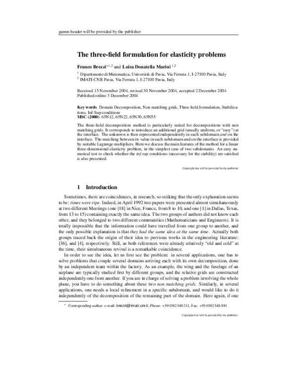 (PDF) The three-field formulation for elasticity problems