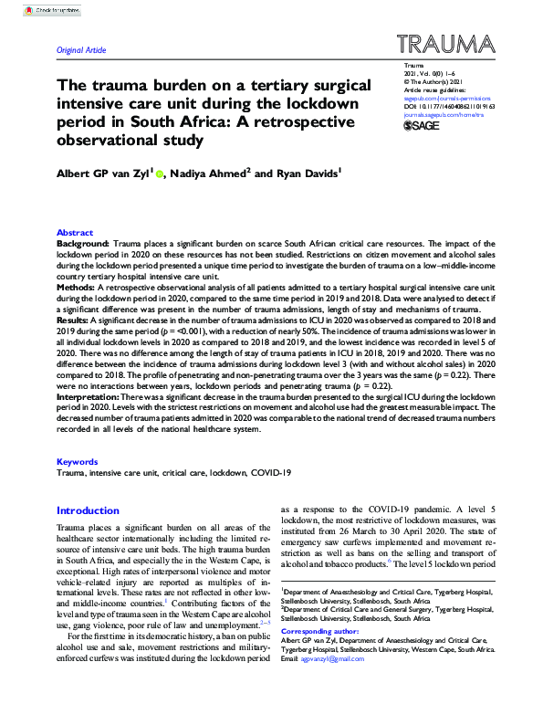 (PDF) The trauma burden on a tertiary surgical intensive care unit ...