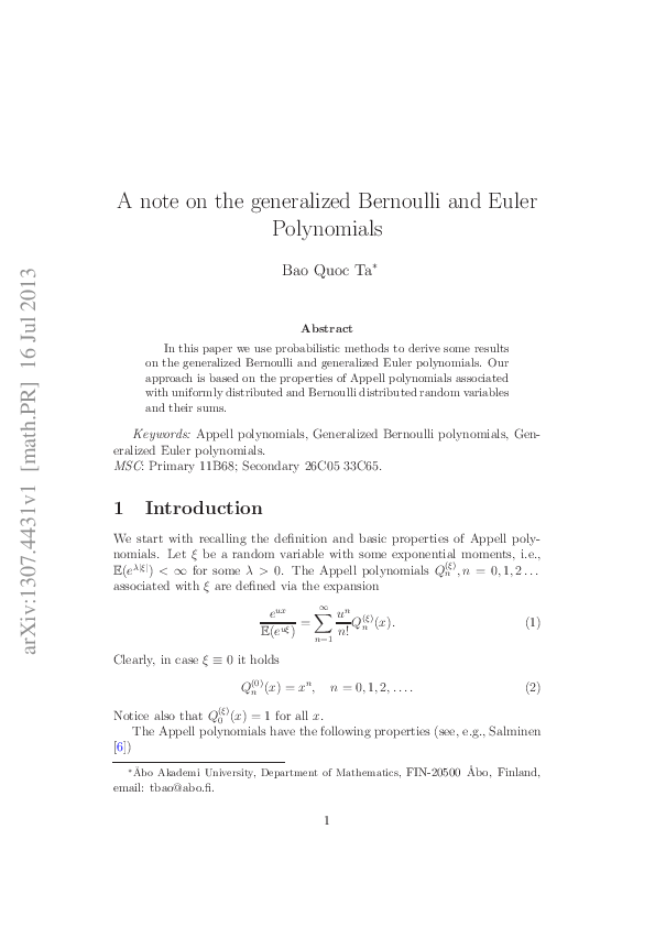 (PDF) A note on the generalized Bernoulli and Euler Polynomials