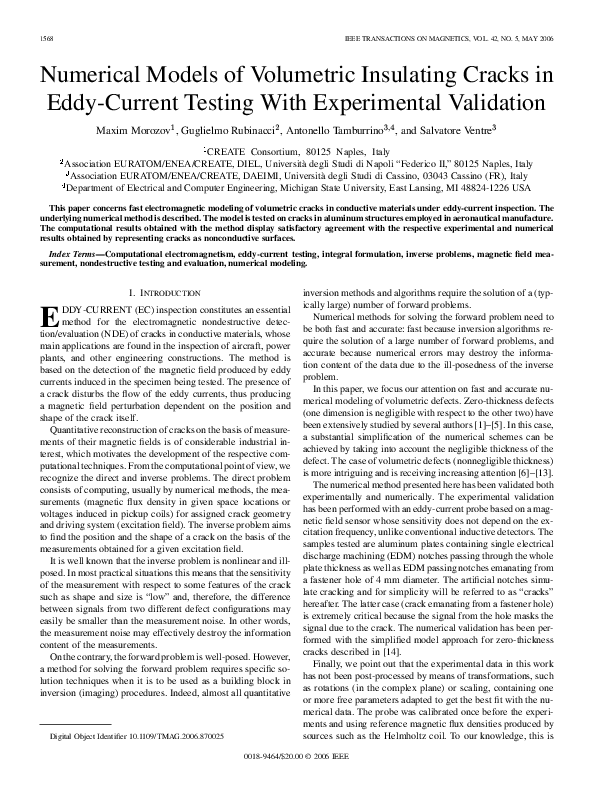 Pdf Numerical Models Of Volumetric Insulating Cracks In Eddy Current Testing With Experimental