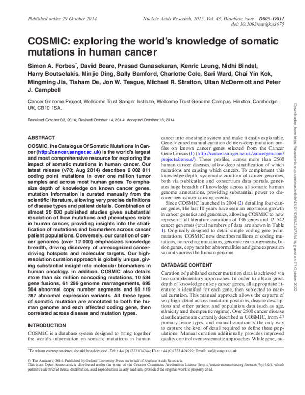 (PDF) COSMIC: exploring the world's knowledge of somatic mutations in ...