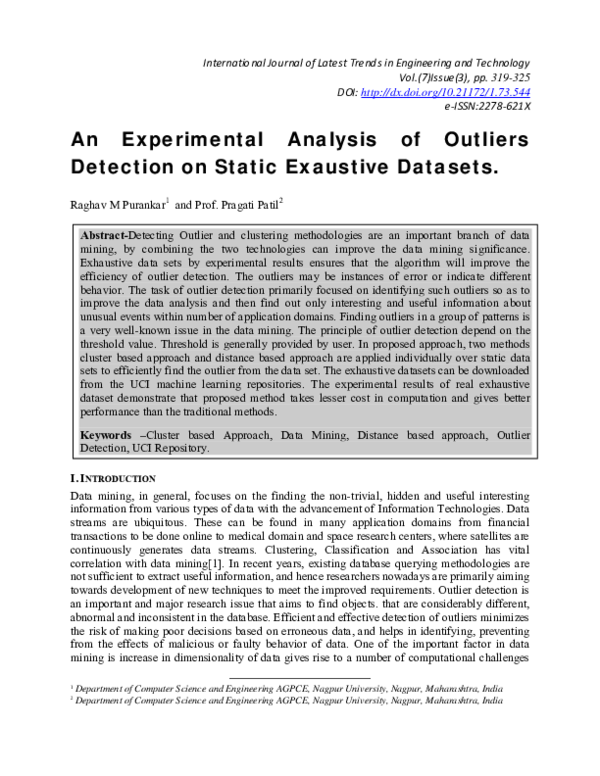 (PDF) An experimental analysis of outliers detection on static exaustive datasets