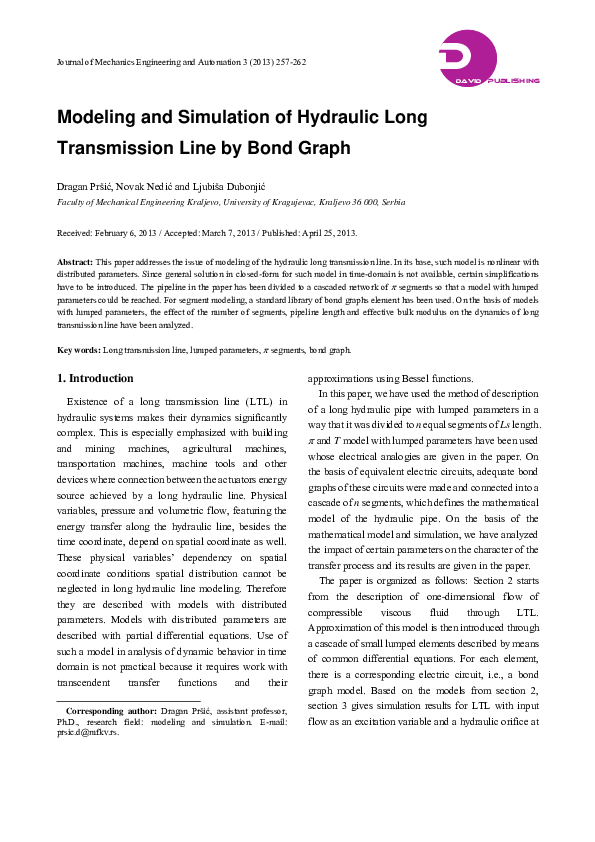 (PDF) Modeling and Simulation of Hydraulic Long Transmission Line by ...