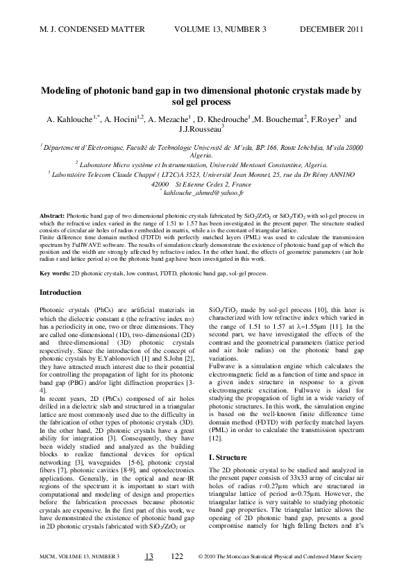 Pdf Modeling Of Photonic Band Gap In Two Dimensional Photonic Crystals Made By Sol Gel Process