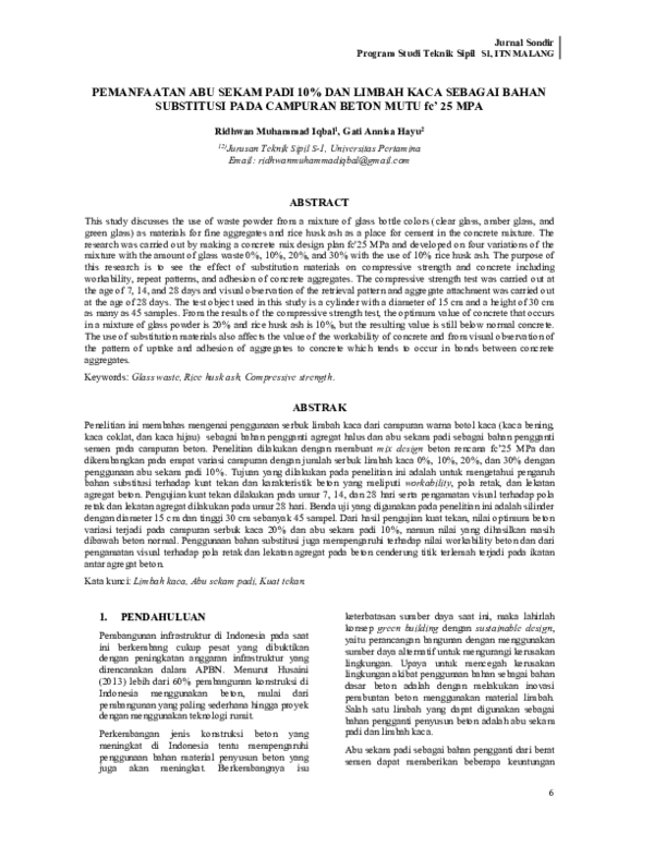 (PDF) PEMANFAATAN ABU SEKAM PADI 10% DAN LIMBAH KACA SEBAGAI BAHAN SUBSTITUSI PADA CAMPURAN ...