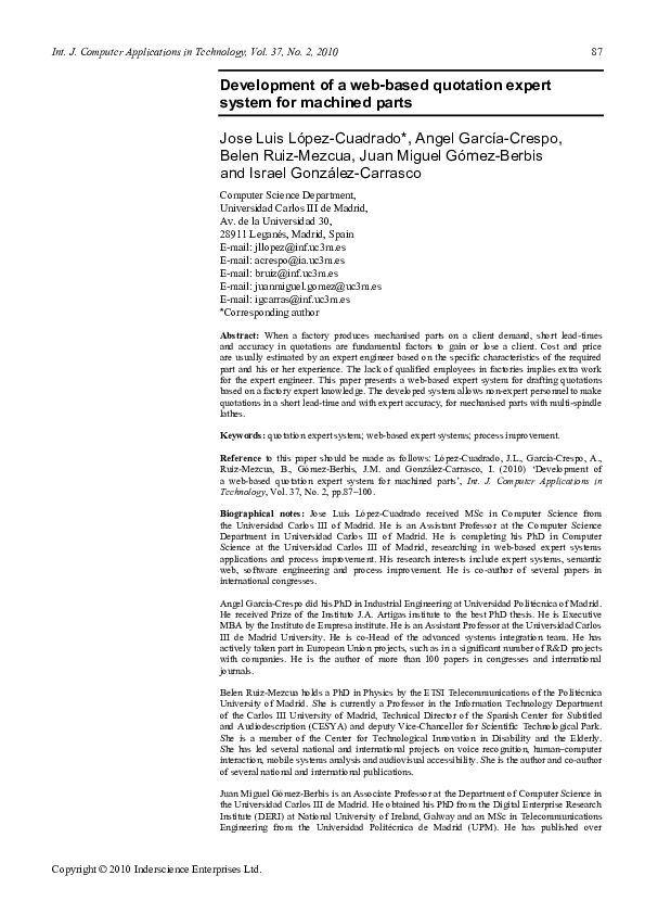 (PDF) Development of a web-based quotation expert system for machined parts