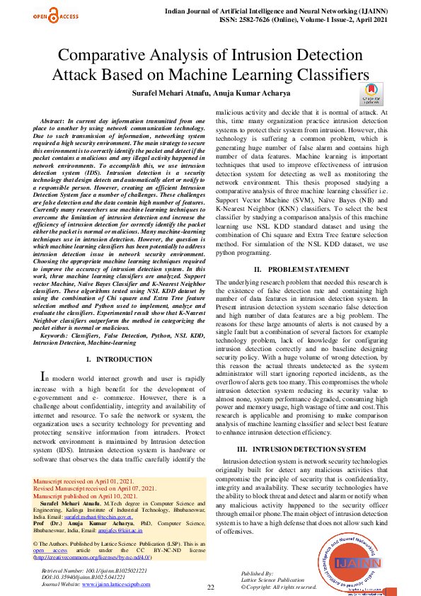(PDF) Comparative Analysis of Intrusion Detection Attack Based on Machine Learning Classifiers